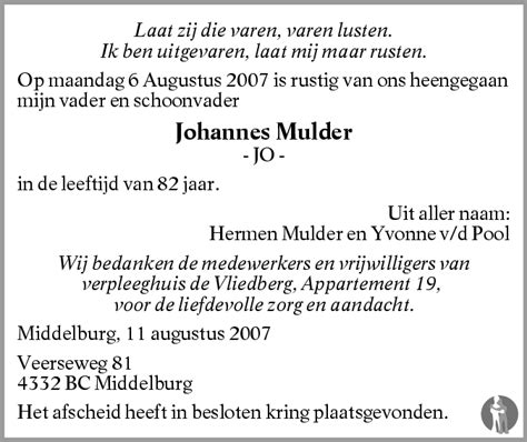 Johannes Mulder 06 08 2007 Overlijdensbericht En Condoleances