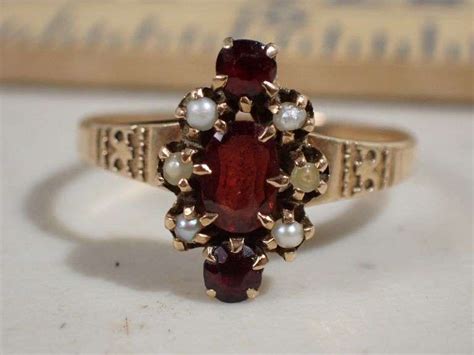 Antique 10k Yellow Gold Ring Rose Cut Garnets And Natural Pearls Sz 65