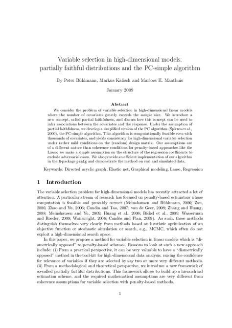 Pdf Variable Selection In High Dimensional Models Partially Faithful