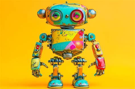 A Colorful Robot Standing In Front Of A Yellow Background Generative
