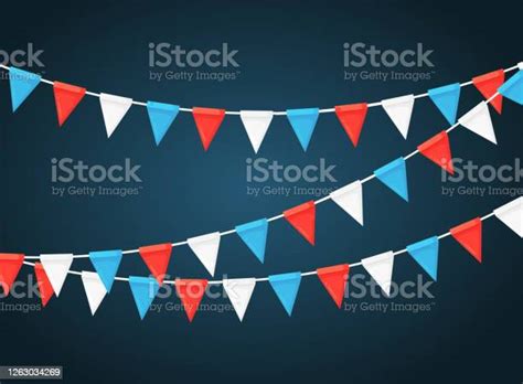 컬러 페스티벌 깃발과 리본 번팅의 화환 배너 생일 파티 카니발 박람회를 축하하기위한 배경 벡터 플랫 디자인 갈란드 장식품에 대한 스톡 벡터 아트 및 기타 이미지 Istock