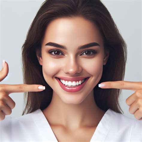 Premium Photo Happy Girl Pointing Fingers At White Perfect Smile