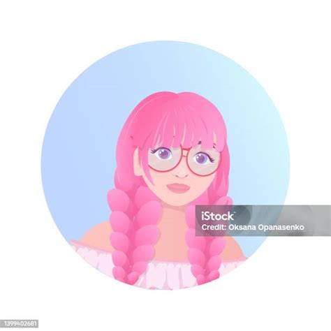 귀여운 여자의 얼굴과 아이콘 화려한 머리카락 색깔있는 머리카락을 가진 쾌활한 소녀 흰색 배경에 고립된 벡터 일러스트레이션입니다 가공의 인물에 대한 스톡 벡터 아트 및 기타