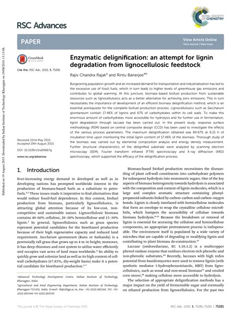 Pdf Enzymatic Delignification An Attempt For Lignin Degradation From