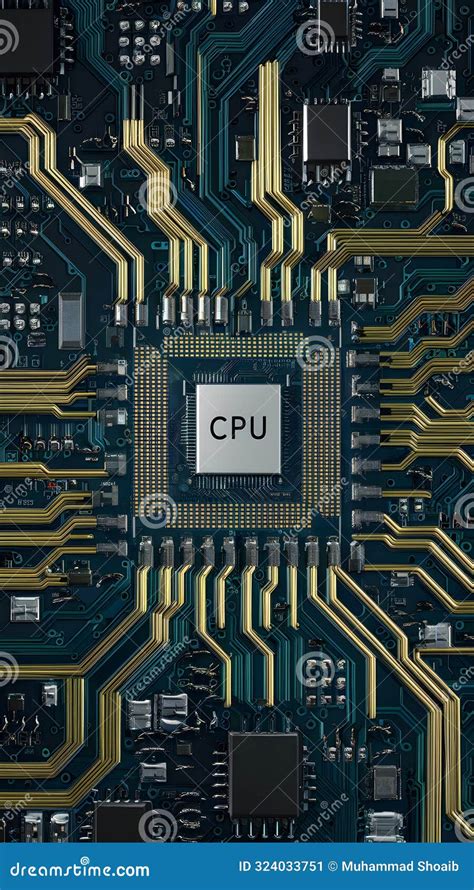 Advanced Circuit Board With Cpu And Intricate Components Golden Blue Wiring Stock Illustration