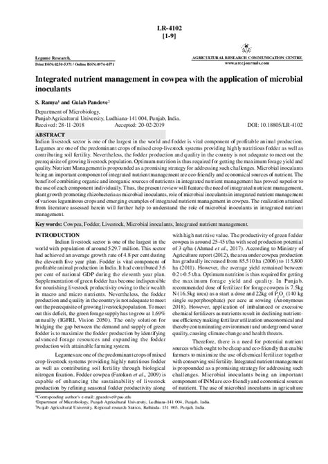 Pdf Integrated Nutrient Management In Cowpea With The Application Of