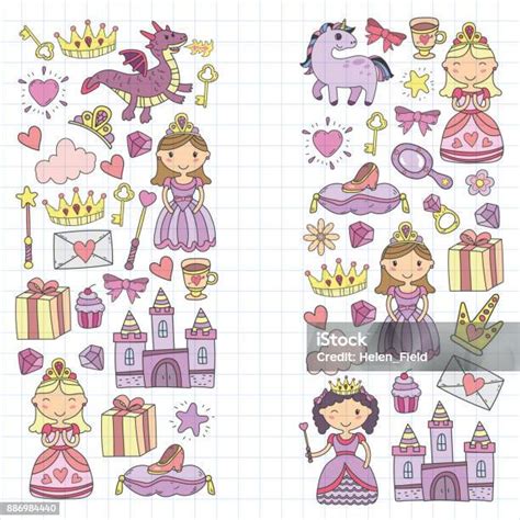 낙서 공주와 판타지 아이콘 집합이 고 그리고 초대 인사말 카드에 대 한 디자인 요소 아이 그림입니다 유치원 유치원 학교 패턴 6 7 살에 대한 스톡 벡터 아트 및 기타