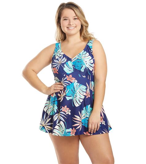 Maxine Plus Size Hula Leaf Empire Swim Dress At Free