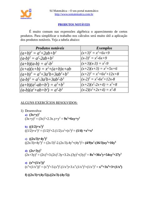Produtos E Fatorações Notáveis Exemplos E Exercícios Resolvidos Pdf