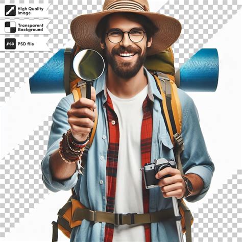 Premium Psd A Man With A Backpack And A Magnifying Glass Is Holding A