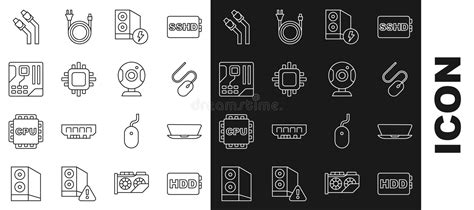 Set Line Hard Disk Drive Hdd Laptop Computer Mouse Case Of Computer Processor With Cpu