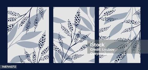 Creative Floral Posters Blue Background With Plants Dot Leaves向量圖形及更多一組