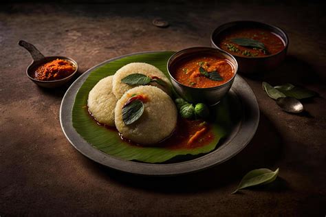Idli Sambar Or Idli With Sambhar And Green Red Chutney Illustration