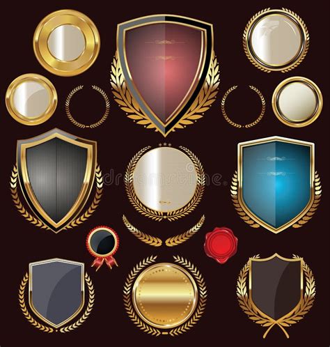 Golden Shields Labels And Laurels Collection Stock Illustration