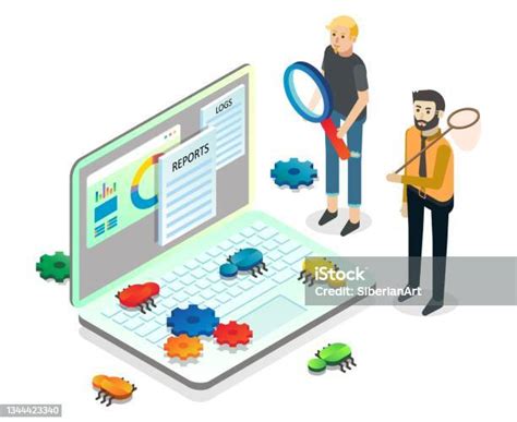 컴퓨터 화면에서 버그를 잡는 사람들 벡터 등대 일러스트레이션 소프트웨어 테스트 품질 보증 디버깅 과학 실험에 대한 스톡 벡터