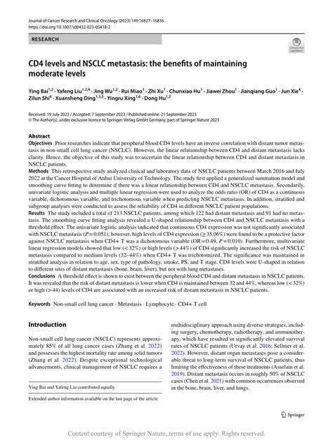 Cd4 Levels And Nsclc Metastasis The Benefits Of Maintaining Moderate