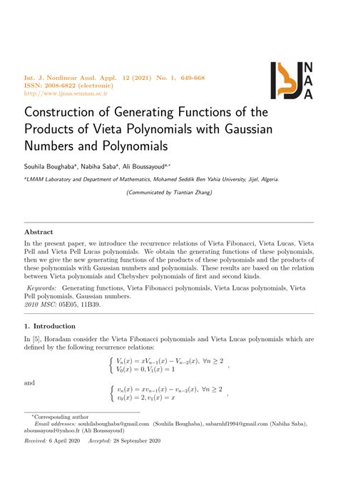 Pdf Construction Of Generating Functions Of The Products Of Vieta