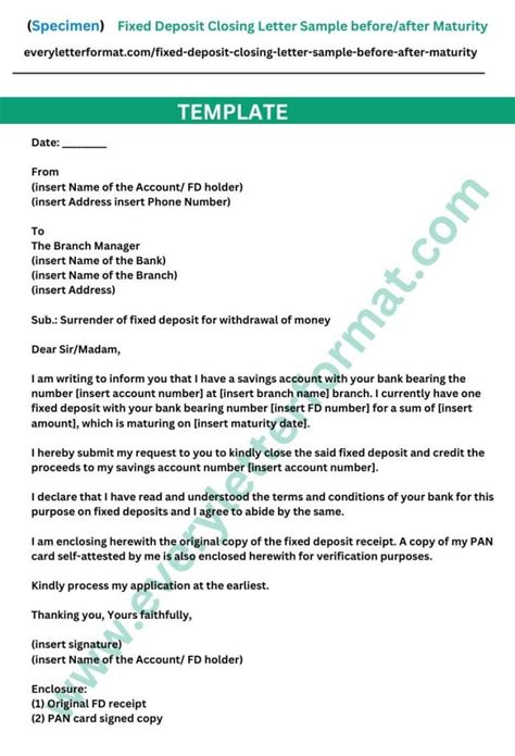 Fixed Deposit Closing Letter Sample Before After Maturity