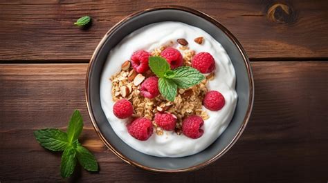 Premium Photo Granola With Yoghurt And Raspberries In A Bowl