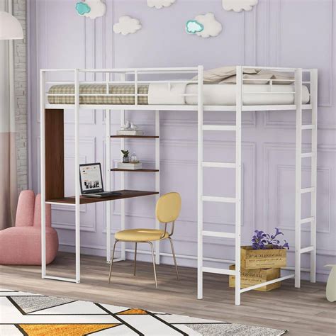 Godeer White Twin Metal Loft Bed With 2 Shelves And 1 Desk