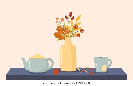 Good Morning Cup Tea Bouquet Autumn Stock Vector Royalty Free
