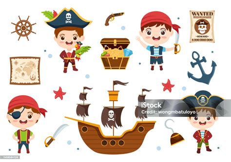 보물지도 나무 바퀴 상자 앵무새 해적 배 깃발 및 유쾌한 로저가있는 해적 만화 캐릭터 일러스트 레이 션 플랫 아이콘 스타일 기에