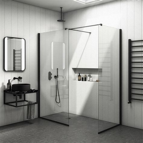 Arezzo Square Matt Black Frameless 10mm Wetroom Screen With Wall Arm