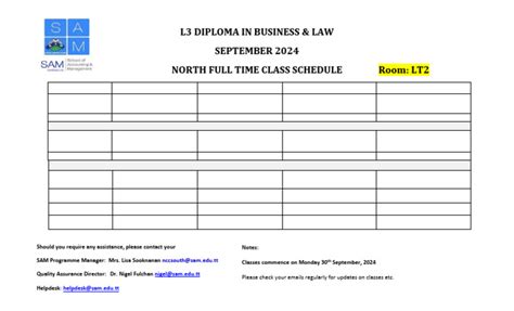 L3 North Full Time Class Schedule Sept 2024 Pdf
