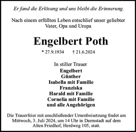 Traueranzeigen Von Engelbert Poth Vrm Trauerde
