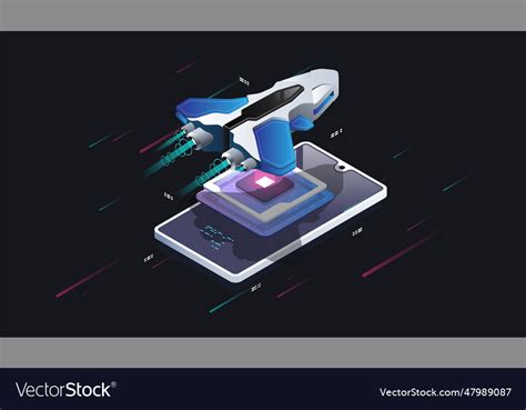 Spaceship On Phone Screen Futuristic Microchip Vector Image