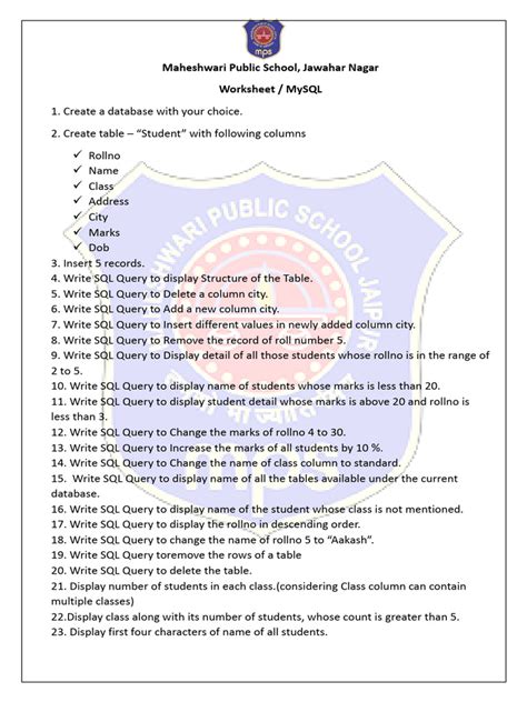 Mysql Worksheet 2024 25 Pdf Computers