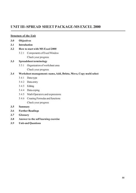 Spread Sheet Package Ms Excel 2000 Unit Iii Spread Sheet Packagems