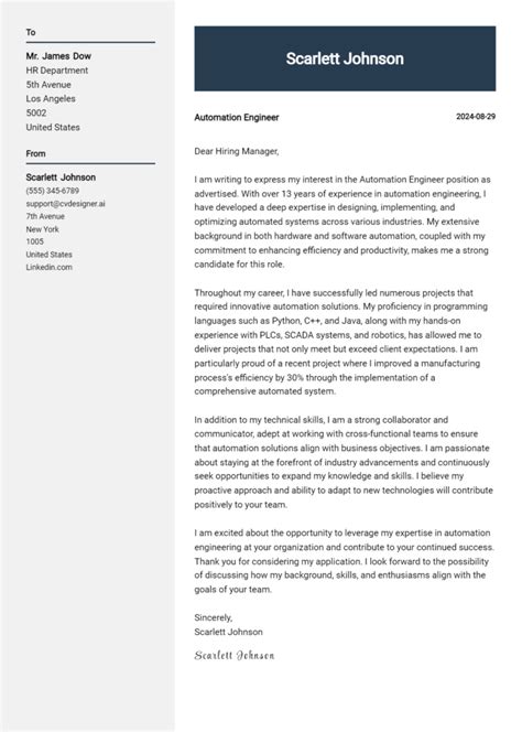 Automation Engineer Cover Letter Examples And Templates For CVDesigner Ai
