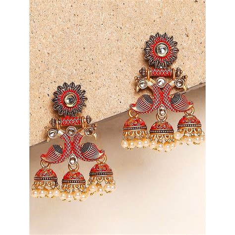 OOMPH Jewellery Red Meenakari Enamel Kundan Peacock Shape Jhumka