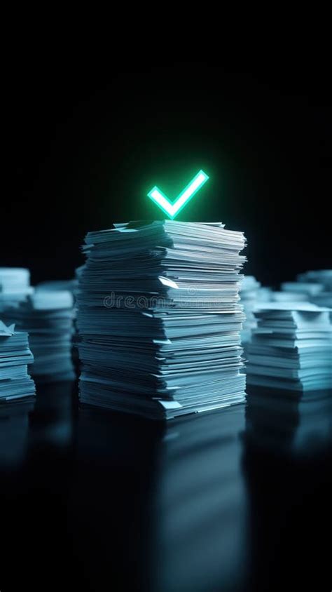 Stack Of Documents With Glowing Check Mark Symbolizing Approval Stock Illustration
