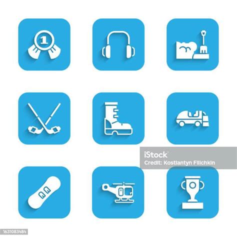 방수 고무 장화 구조 헬리콥터 보너스 컵 얼음 Resurfacer 스노우 보드 하키 스틱 눈 더미에 삽 및 메달 아이콘을 설정합니다 벡터 겨울에 대한 스톡 벡터 아트 및