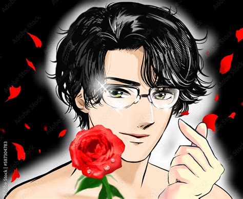 少女漫画風イケメン黒髪パーマメガネ姿の半裸男性が誘惑するカラーイラストと花吹雪背景 Stock 일러스트레이션 Adobe Stock
