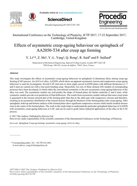 Pdf Effects Of Asymmetric Creep Ageing Behaviour On Springback Of Aa2050 T34 After Creep Age