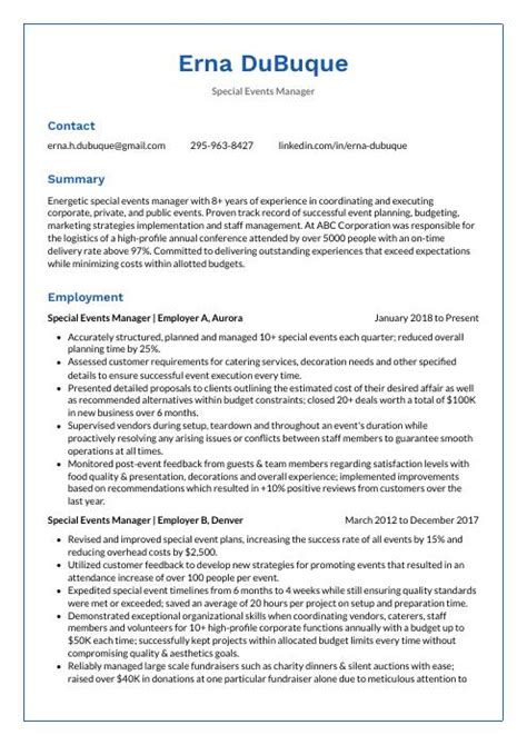 Special Events Manager Resume CV Example And Writing Guide