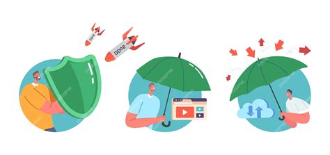 방패와 우산이 있는 캐릭터는 사이버 또는 Ddos 공격으로부터 보호 사이버 공간의 정보 보안 개인 정보 보호 프리미엄 벡터