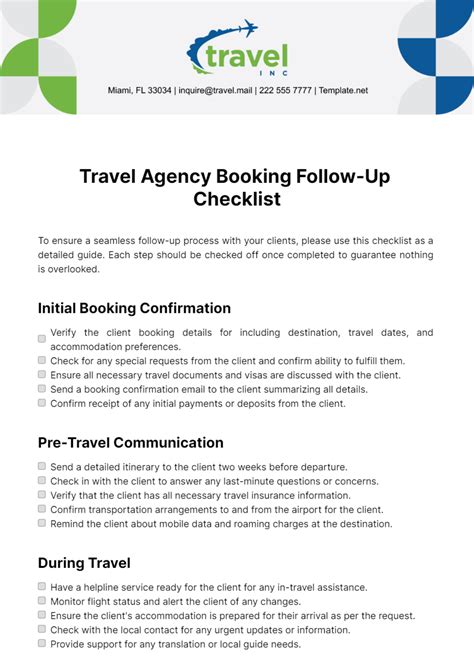 Free Travel Agency Booking Follow Up Checklist Template To Edit Online