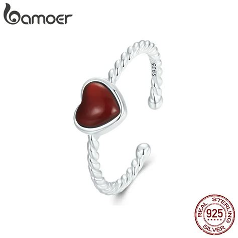 BAMOER Anillo De Apertura De Coraz N Rojo Para Mujer De Plata De Ley