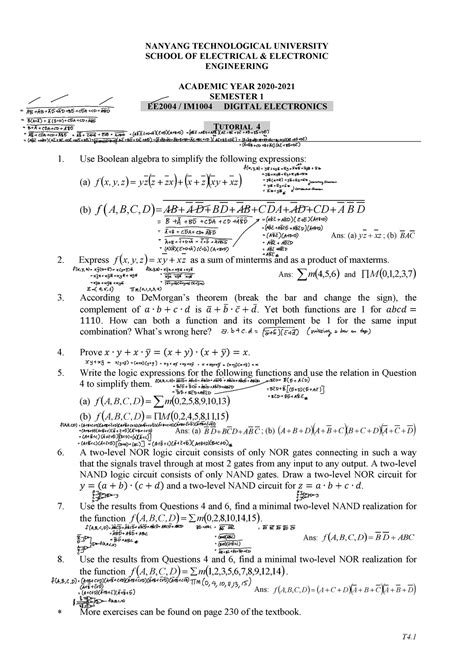 EE2004 IM1004 Tutorials 4 5 T4 NANYANG TECHNOLOGICAL UNIVERSITY