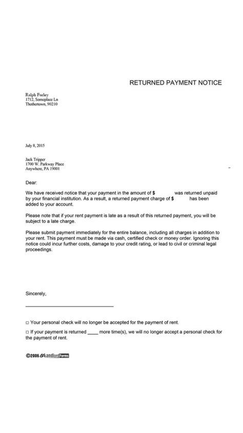 Free Printable Returned Payment Notice For Landlords Template Being A