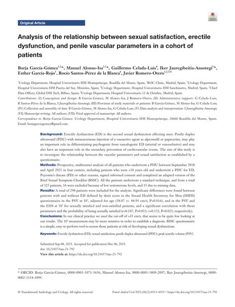 Pdf Analysis Of The Relationship Between Sexual Satisfaction Erectile Dysfunction And Penile