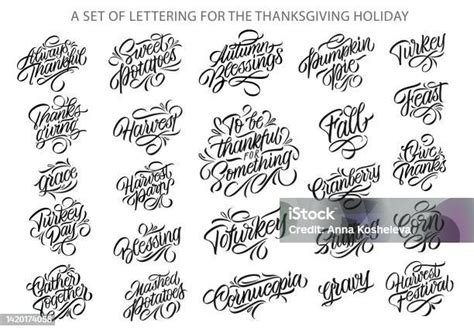 추수 감사절 휴가를위한 편지 세트 추수 감사절 스티커 필기 편지 벡터 텍스트입니다 스티커 포스터 로고 디자인 템플릿 축하 문자에 대한 스톡 벡터 아트 및 기타 이미지
