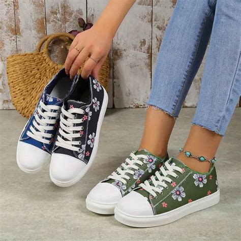 Womens Floral Print Canvas Shoes Casual Round Toe Lace Low Temu Norway