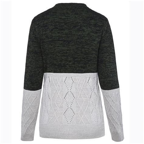 Womens Long Sleeve Round Neck Color Block Cable Knit Sweater N15810