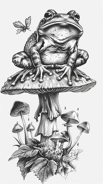 Hand Drawn Cottagecore Aesthetic Goblincore Frog Sitting On Mushroom