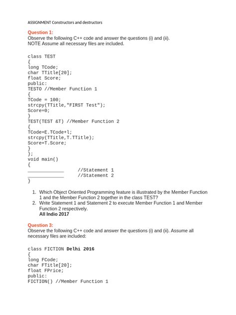 Assignment Constructors And Destructors Pdf